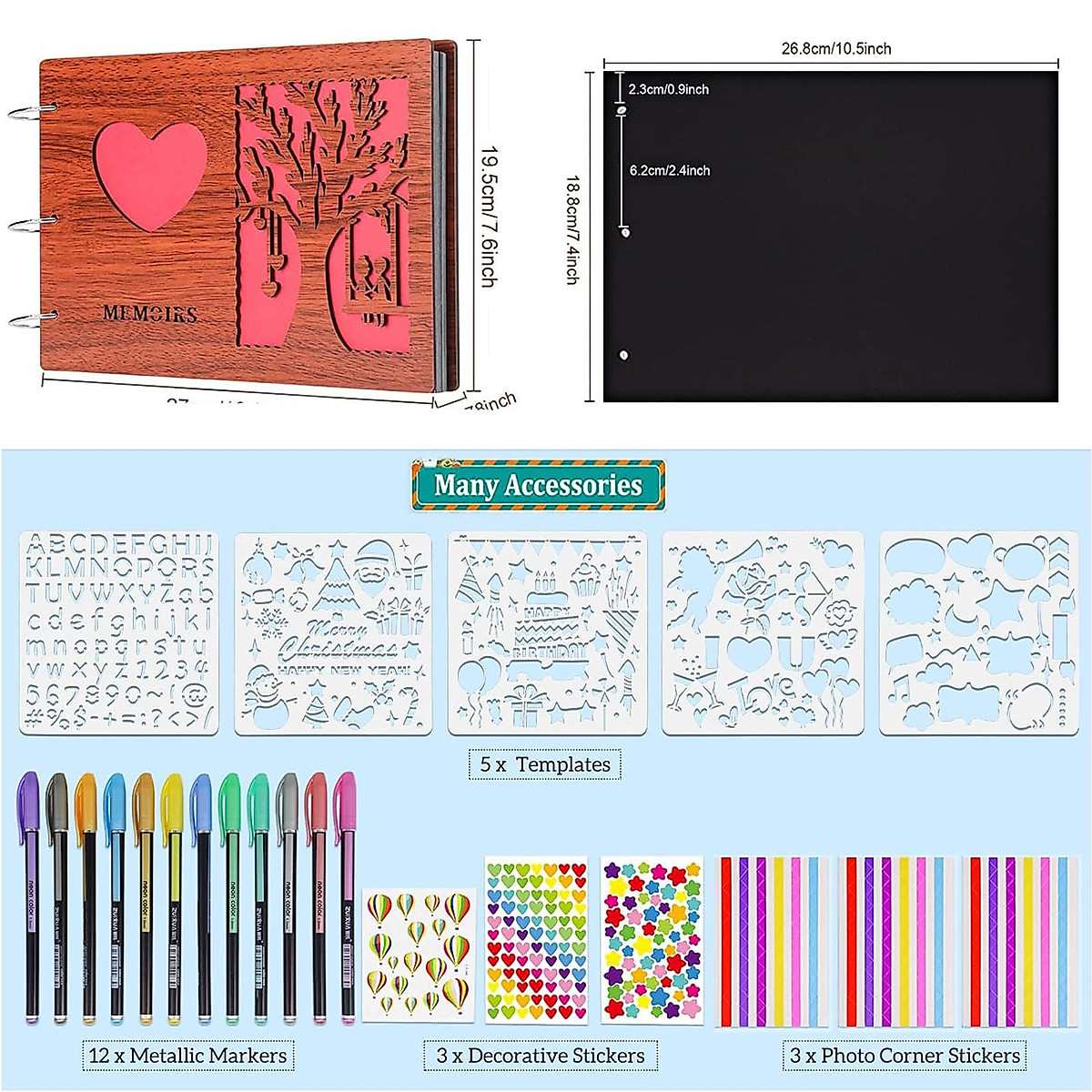 ZEEYUAN DIY Cartoon Scrapbook Album, 60 Pages, Wooden Cover, Love Memory Photo Book, Valentine's Day Gift