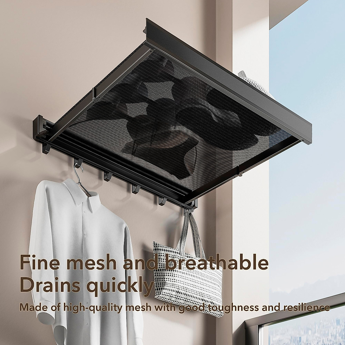 CHAHUANV Retractable Drying Rack with Net,Laundry Drying Rack for Shoes,Socks,Underwear,Wall Mouted Drying Rack with Hooks,Folding,Collapsible Hanger Rack, Gray