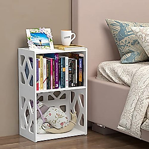 Rerii Small Bookshelf Bookcase for Small Spaces, Bed Side End Table 3 Tier 2 Shelf, Mini Little Book Shelf Case for Kids Room Bedroom Living Room Office, White