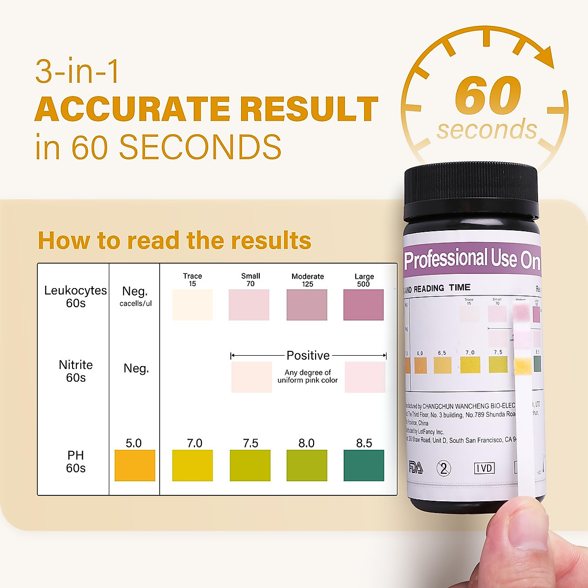 LotFancy UTI Test Strips 150ct, 3-in-1 Urine Test Strips for Leukocyte Nitrite and PH Testing, Accurate Results in 1 Minute, Medical Grade Home Test