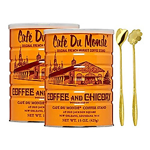 Cafe Du Monde Ground Original French Chicory Roast Chocolate-like Coffee SET 2 PACKS with 2 Stainless Steel Mixing Stirring Spoon | Coffee Stirrers