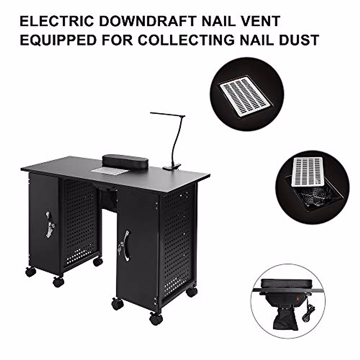 mefeir Manicure Table Nail Desk w/Electric Downdraft Vent,Iron Frame Beauty Spa Salon Workstation w/Wrist Rest,Lockable Cabinets,Casters & Clip-On LED Lamp,Black(43.3''L x 16.9''W x 29.5''H)