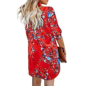 AlvaQ Women Boho Floral Print Dress Summer V Neck Short Sleeve Button Down Loose Skater Mini Dresses Swing Sundress Plus Size Orange 1X