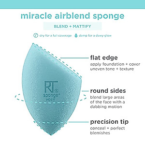 Real Techniques Miracle Airblend Sponge, Matte Makeup Blending Sponge, For Liquid, Cream, & Powder Products, Offers Medium To Full Coverage, Foundation Sponge, Latex-Free Foam, 1 Count