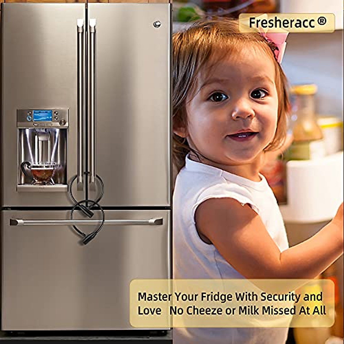 Fridge Cabinet Door Lock with Keys, Fresheracc Refrigerator Latch Baby Child Kids Proof Safety Cable Locks for French Doors Kitchen Bathroom RV No Drill No Screw Adhesive (2 Pack, Black)