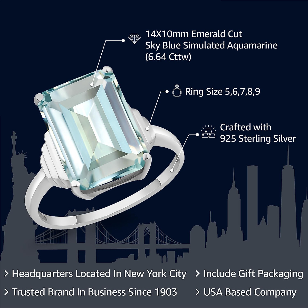 Gem Stone King 925 Sterling Silver Gemstone Birthstone Solitaire Engagement Ring | Emerald Cut 14X10MM Ring For Women | Available In Size 5, 6, 7, 8, 9