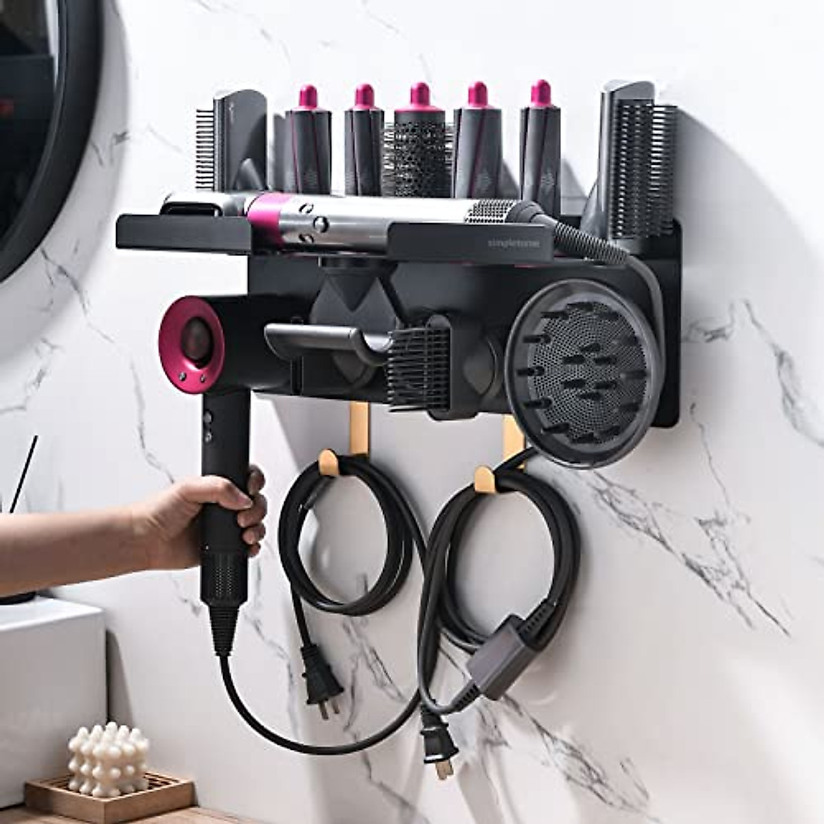 simpletome 2 in 1 Wall Mount Holder for Dyson Airwrap Styler Supersonic Hair Dryer Storage Dyson Attachments and Accessories with Cable Organizer