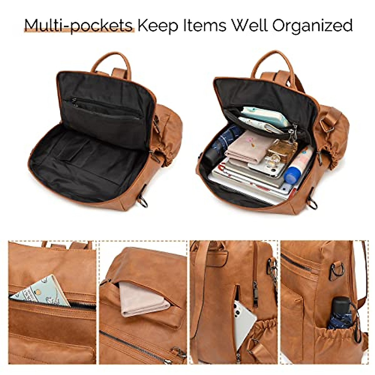 CHERUTY Backpack Purse for Women, Fashion PU Leather Backpack, Designer Backpack Shoulder Bag with Multifunctional Pockets(Tan)