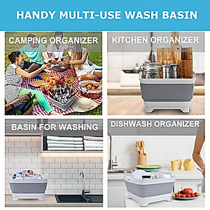 MontNorth Dishpan For Washing Dishes,9L Collapsible and Portable,Wash Dish Basin,Foldable Laundry Tub with Drain Plug for Kitchen Sink,Camping,Gray
