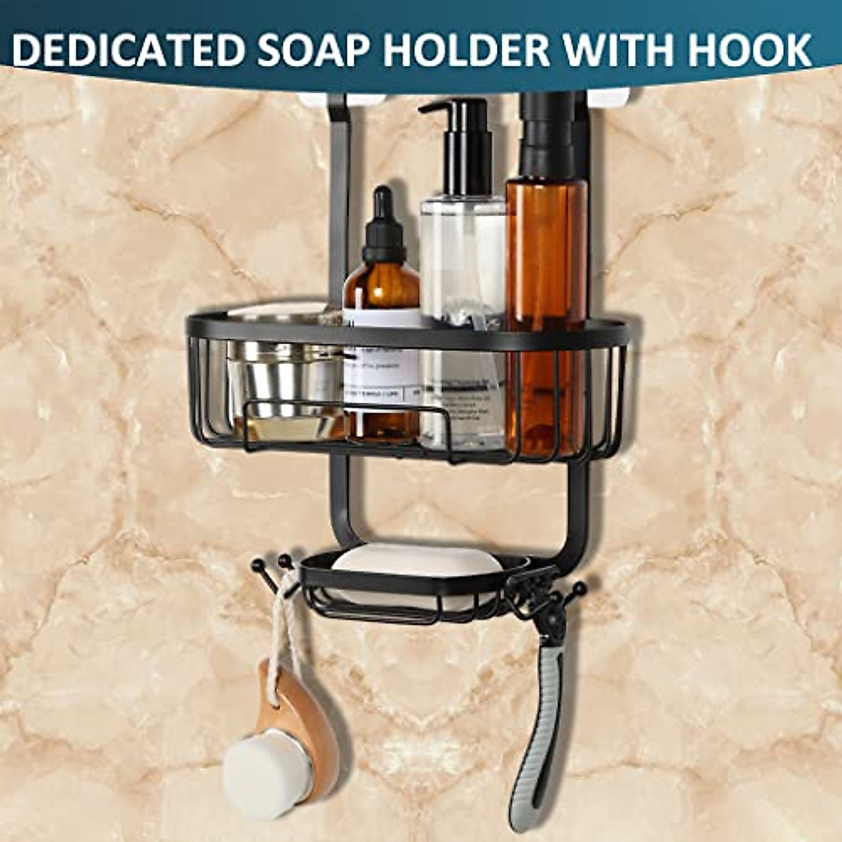 GAKEIHOO Hanging Shower Caddy, Non Drilling Shower Caddy Over Shower Head with Hooks for Razor and Sponge, Rustproof Shower Racks for Inside Shower for Bathroom & Shower Room(Black)