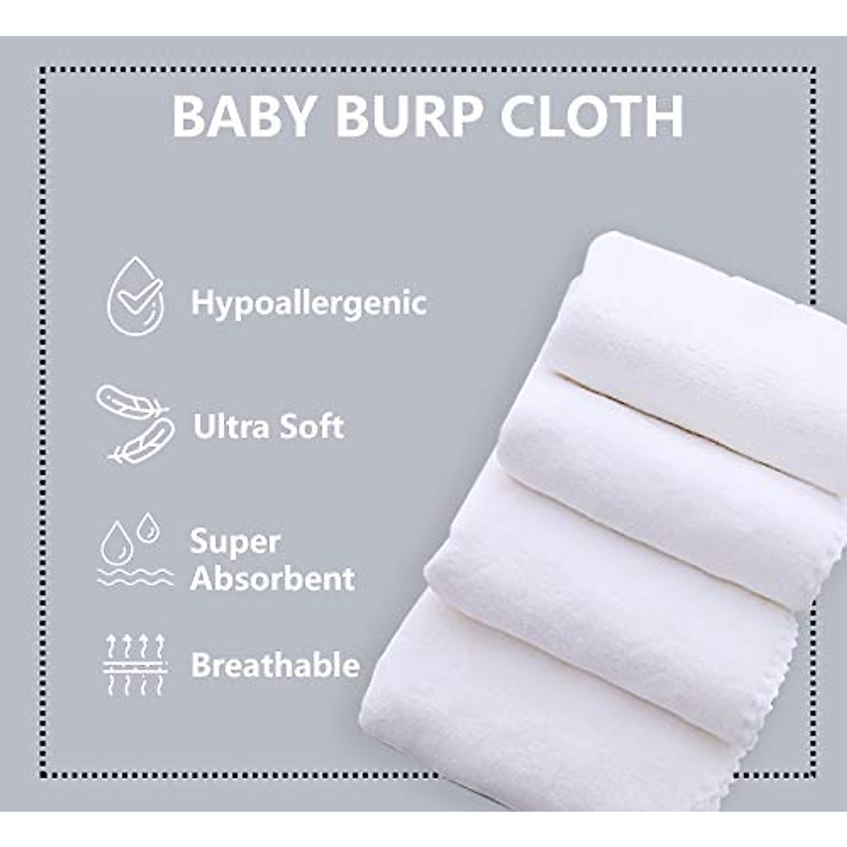 8 Pack Large Burp Cloths for Baby - 20" by 10" Ultra Absorbent Burping Cloth, Washcloths, Newborn Towel - Milk Spit Up Rags Burp Clothes for Unisex, Boy, Girl (White)