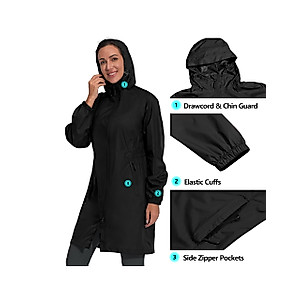 Mapamyumco Women's Ultra-Light Packable Waterproof Long Rain Jacket, Hooded Raincoat with Zipper Pockets Black XL