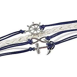 Infinity Collection - Nautical Anchor Charm Earrings & Bracelet for Women, Navy and White Anchor Braided Bracelet - Weaved Leather Rope with Ship Wheel, Infinity, and Anchor Charm Bracelet