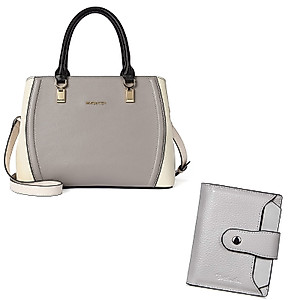 BOSTANTEN Women Leather Handbag Designer Top Handle Satchel Shoulder Bag Crossbody Purses and Women Leather Wallet RFID Blocking Small Bifold Zipper Pocket Wallet Card Case Purse with ID Window Grey