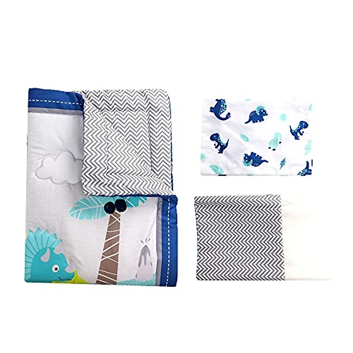 Baby Bees 4 Pieces Cartoon Dinosaurs Crib Bedding Sets for Boys and Girls | Baby Bedding Crib Set of Crib Fitted Sheet, Quilt, Dust Ruffle & Pillow Cover for Standard Size Crib,Blue