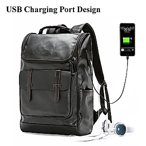 CHAO RAN Vintage Leather Backpack For Men Business Laptop Backpack With Charge Port Black Waterproof College School Bag