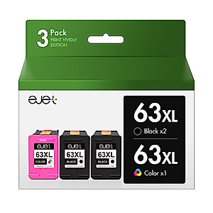 63XL Ink Cartridges Combo Pack Replacement for HP Ink 63 63XL ejet High-Yield Remanufactured for OfficeJet 3830 Envy 4520 4512 Officejet 4650 5255 Deskjet 1112 3634 3632 Printer (2 Black, 1 Tri-color)