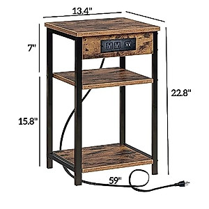 VGWHY End Table with Charging Station, 3 Tier Side Table with USB Ports and Power Outlets, Rustic Brown Night Stand for Living Room, Bedroom