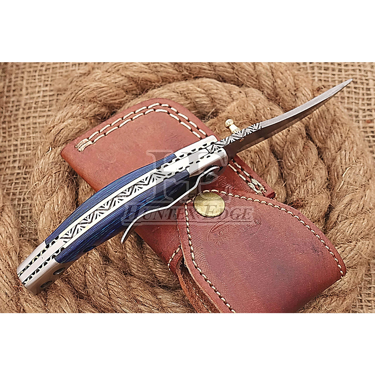 HUNTEX Handmade Hand-Forged Rain Drop Pattern Damascus Steel 4 Inch Long Pakka Wood Handle Razor Sharp Hunting Camping Trailing Pocket Knife w/Pocket Clip & Genuine Leather Pouch