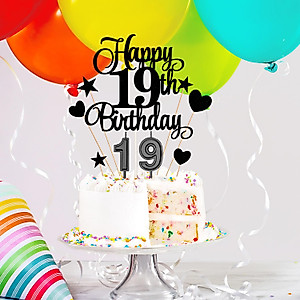 19th Birthday Cake Decorations Set Include 19th Birthday Candles Numeral 19 Cake Candles and Happy 19th Birthday Cake Toppers with Heart Star Cupcake Picks for Birthday Party (Black Series)
