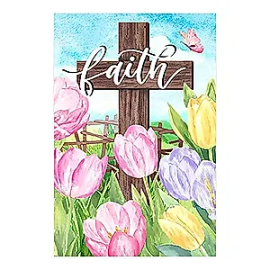 Morigins Easter Cross Garden Flag Decorative Spring Flower Religious Flag He is Risen 12.5 x 18 Inch