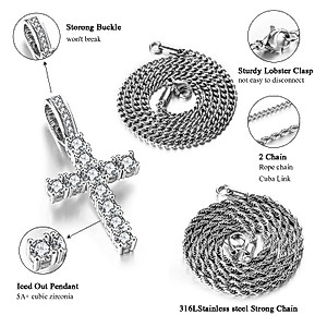 GEMOSA Cross Chain for Men 14K Gold Silver Plated Solid Iced Out 5A+ Cubic Zirconia Stainless Steel Cuban Link rope Layered Chains 1624 Inch Large Cross Diamond Pendant Nceklace for Women Boys Girls