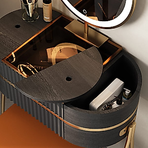 Lartis Makeup Vanity Table with Light, Black Dressing Table with Makeup Stool and Adjustable LED Mirror,Storage Dressing Small Vanity Desk with drawers, Smoky Black Vanity Table Set