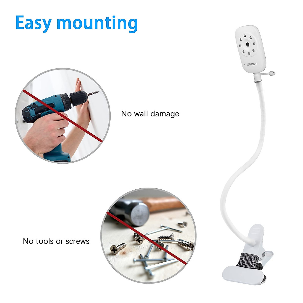 BECEMURU Baby Monitor Mount Camera Shelf, Flexible Strong Clip Clamp Mount Bracket Compatible for ANMEATE SM24/Goodbaby UU24/Babysense V24US Camera,No Drilling Mounting