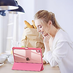 OKP for iPad Air 5th/4th Generation Case 2022/2020, iPad Air Case 5/4 Gen 10.9 inch with Pencil Holder, Auto Sleep/Wake, Slim Lightweight Trifold Folio Smart Cover for Girls Women, Clear Back Pink