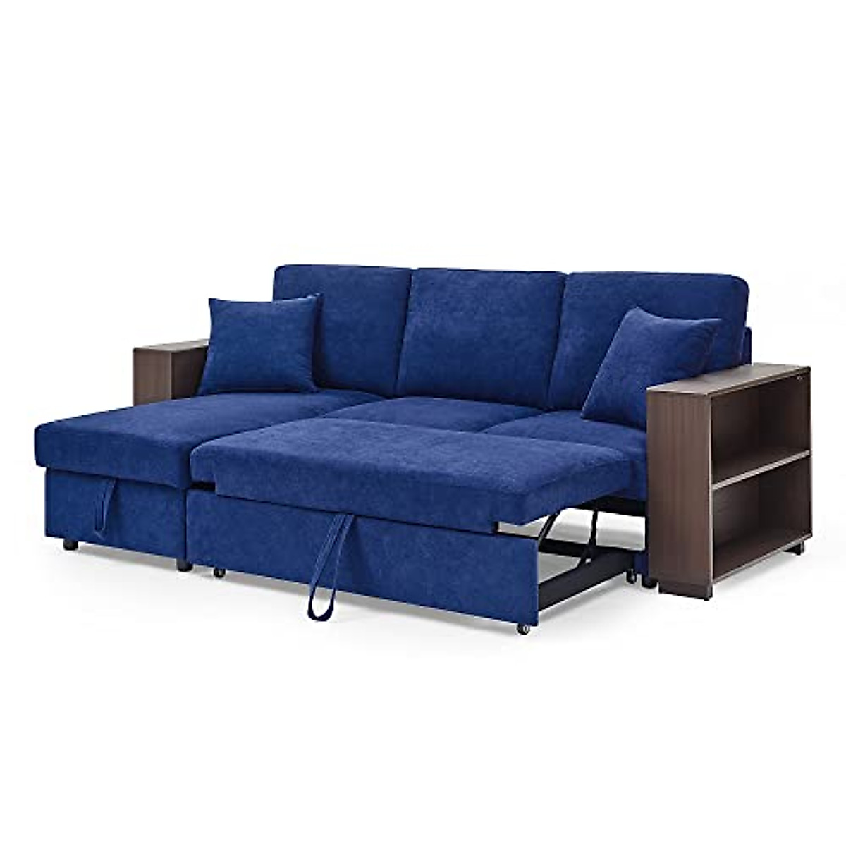 GODAFA L-Shaped 88'' Living Room Sectional Pulled Out Bed, 2 Seats Sofa and Reversible Chaise with Storage, MDF Shelf Armrest, Two Pillows, Navy Blue