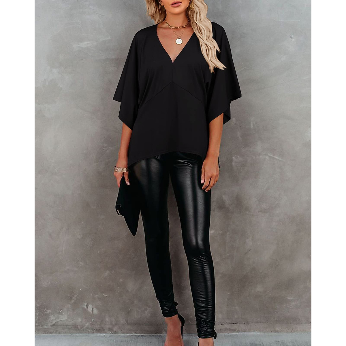 Womens V Neck 3/4 Bell Sleeve Blouse Tops Summer Loose Solid Kimono Shirt Patchwork Irregular Hem Tunic Black