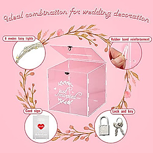 Meonum Acrylic Wedding Card Box for Reception Just Married Clear Wedding Card Holder with 8 Modes String Light and Card Sign, DIY Envelope Gift Card Container with Lock for Bridal Decoration