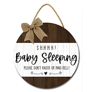 Sokomurg Shhh... Baby Sleeping Sign for Front Door Please Don't Knock or Ring Bell Hanging Sign Plaque, Round Rustic Wooden Door Hanger for Baby Room, Nursery, Kindergarten, Bedroom, Door Knob Door Decor