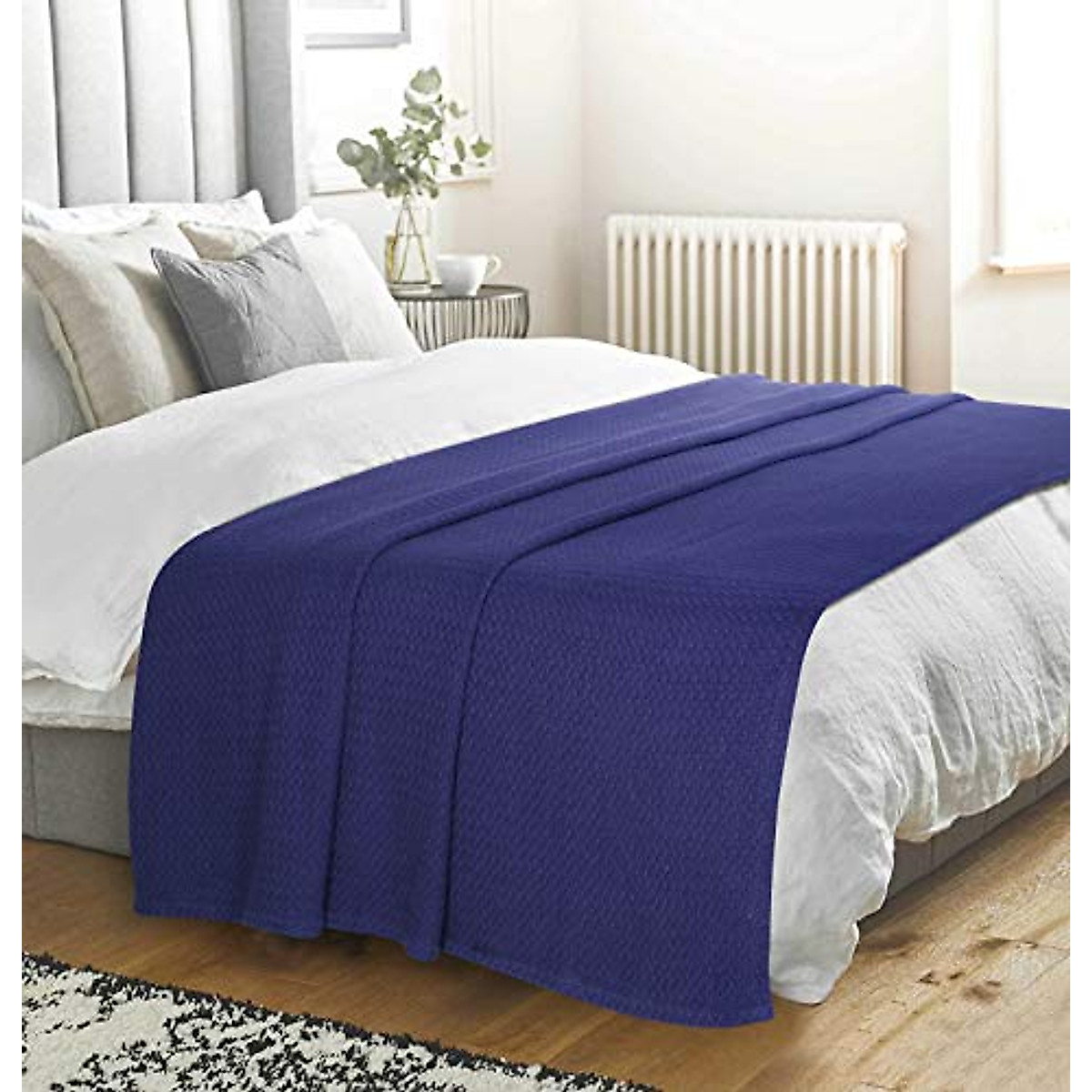 Elvana Home 100% Cotton Bed Blanket, Breathable Bed Blanket Queen Size, Cotton Thermal Blankets Queen, Perfect for Layering Any Bed for All Season, Navy Blue