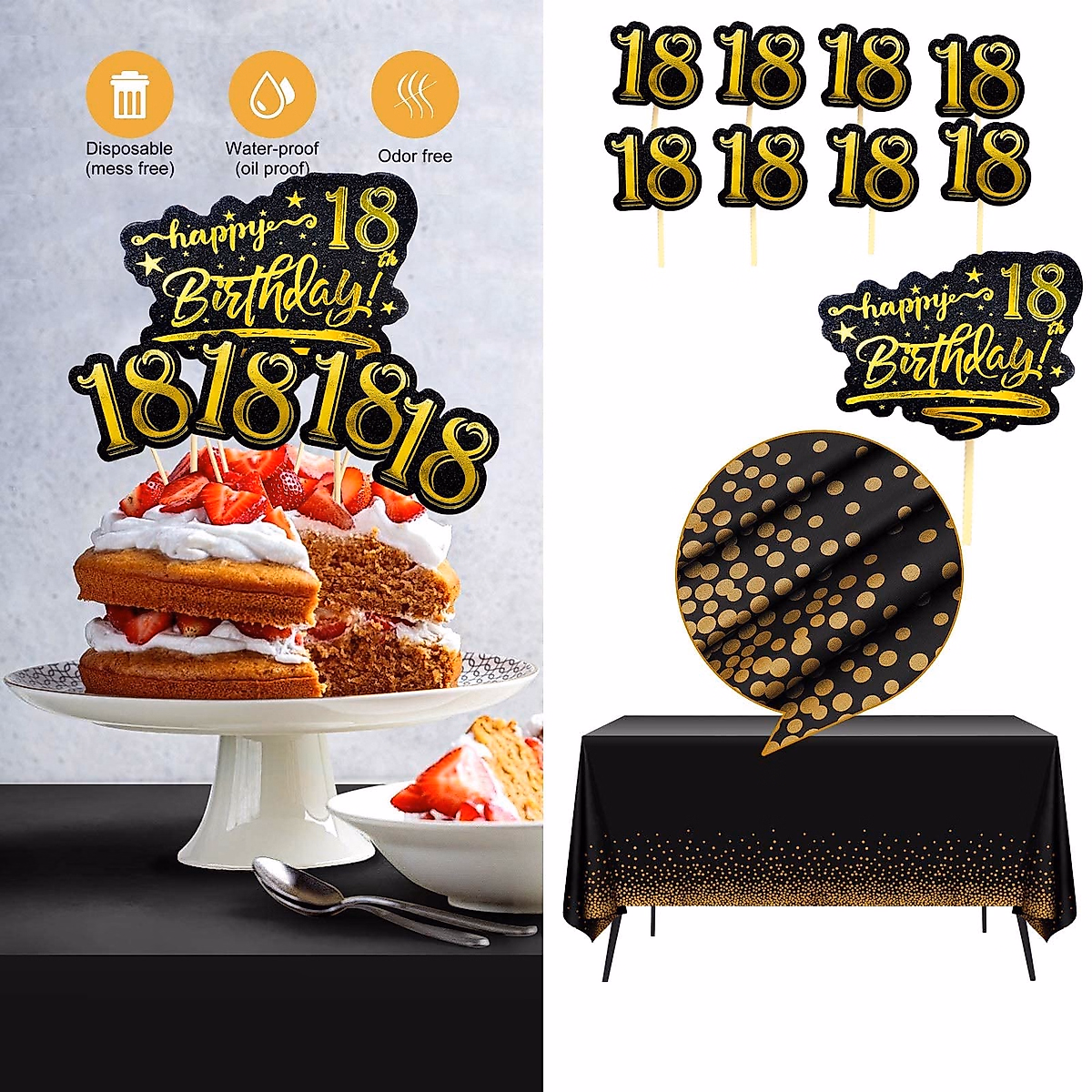 60th birthday decorations for men women - (76pack) black gold party Banner, Pennant, Hanging Swirl, birthday balloons, Tablecloths, cupcake Topper, Crown, plates, Photo Props, Sash for gifts