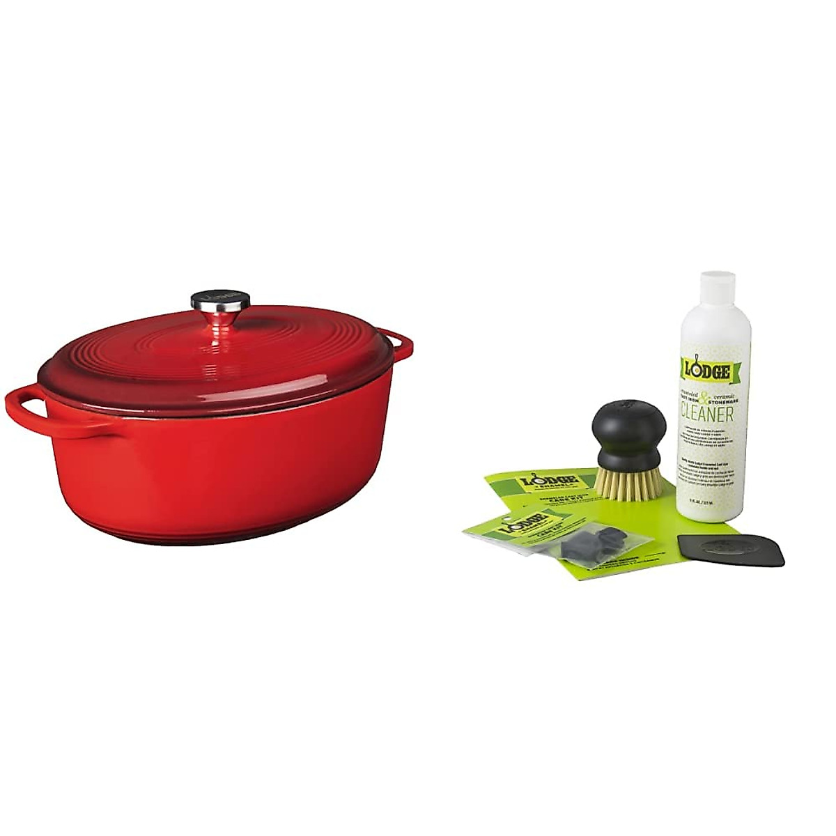 Lodge EC7OD43 Enameled Cast Iron Oval Dutch Oven, 7-Quart, Red & Enameled Cast Iron and Stoneware Care Kit, 12 oz