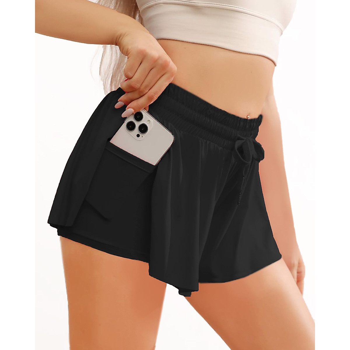 Memorose Flowy Running Shorts for Women Summer Causal Spandex Athletic Workout Shorts with Pockets Black