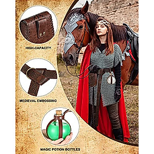 Jiuguva 3 Pcs Medieval Viking Belt Leather Renaissance Belt Pouch Cork Potion Bottle Medieval Bag Renaissance Accessories(Brown, Two Dragons)