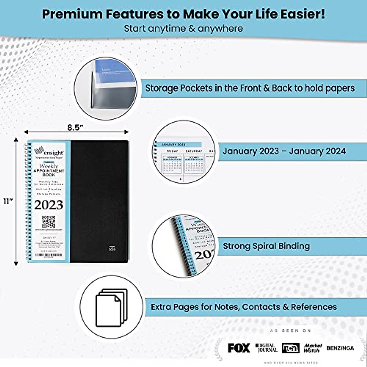 2023 Appointment Book & Planner - Ensight 8.5 x 11 inches, Large Tabbed Daily Hourly Weekly Planner, Calendar and Schedule Book 15-Minute time Slots, Business and Personal Planner (Blue)