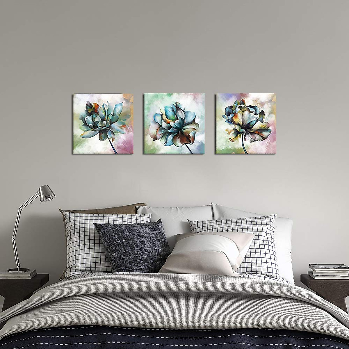 KLVOS Flower Canvas Wall Art for Bedroom Watercolor Rose Dahlia Lotus Floral Paintings Pictures for Living Room Bathroom Wall Decor Framed Prints Artwork Stretched Easy to Hang 12x12inchx3pcs