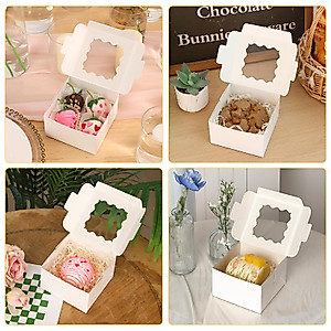 Moretoes 50pcs 4x4x2.5 Inches White Bakery Boxes with Window, Cookie Boxes, Mini Cake Boxes, Dessert, Pastry, Small Treat Boxes