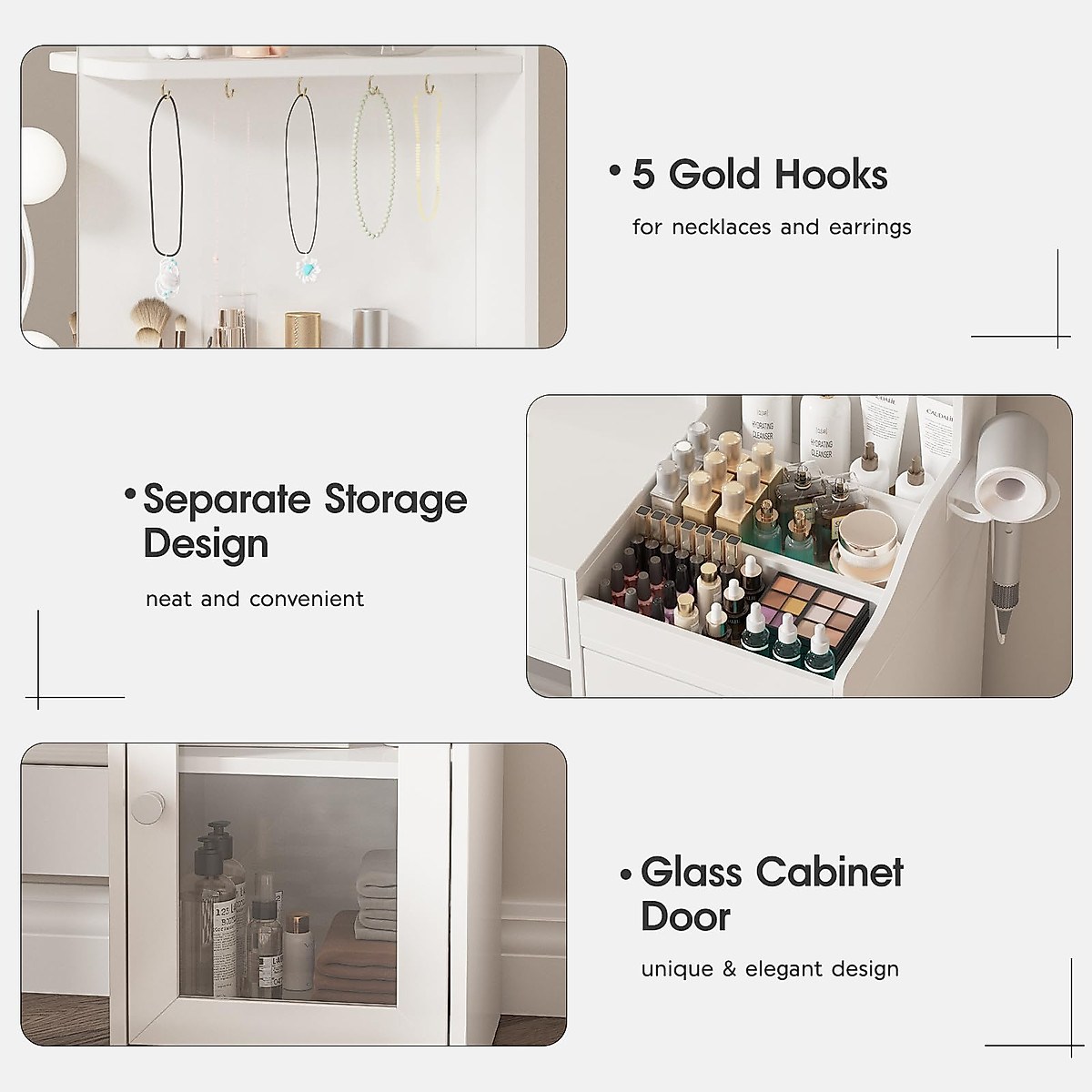 Vabches Vanity with Mirror and Lights, Makeup Vanity Table with Charging Station, Cute Vanity Set with Comfortable Bench, Big Vanity with 3 Storage Compartments, 39.8inch, White