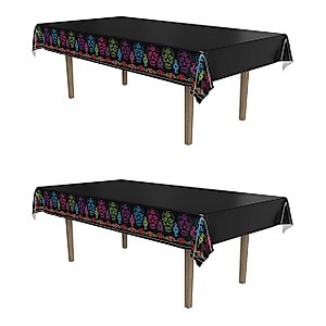 Beistle Day of the Dead Tablecovers, 54” x 108”, 2 Pieces – Plastic Table Cloth, Rectangular Tablecloth, Table Covers for Party, Mexican Tablecloth, Day of the Dead Decorations, Fiesta Party Supplies
