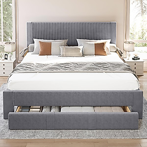 FINATI Queen Bed Frame with Storage, Wood Platform Bed Frame Queen Size with Velvet Upholstered Headboard Footboard, Strong Wooden 12-Slats Support, Under Bed Storage Drawer with Wheels, Noise Free