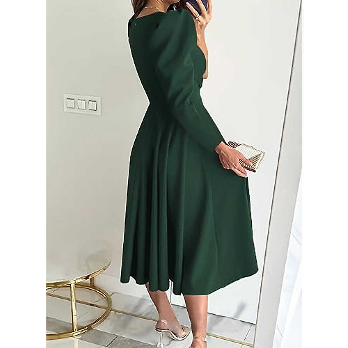 Dokotoo Womens Cocktail Dresses for Wedding Guest Fall Fashion 2023 Wrap V Neck Long Sleeve High Waist A Line Business Casual Party Elegant Cute Swing Midi Ladies Dress Outfit Green X-Large