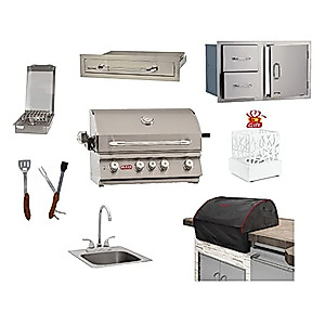 AMS Bull Grill 30" Angus BBQ Grill with Bull Single Side Burner, 30'' Door/Drawer Combo, Single Drawer, Sink and Cover… (Liquid Propane) FREE Bio-Ethanol Table-top Fire pit