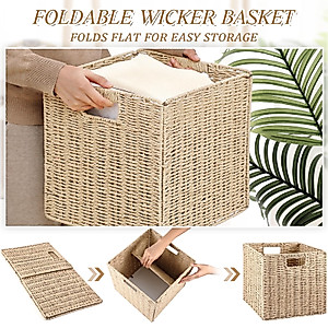 Vesici 12 Pcs Wicker Baskets Storage 11 Inch Wicker Baskets for Cube Rattan Storage Baskets Foldable Large Woven Wicker Basket with Handles for Organizer Shelves Pantry Living Room (Beige)