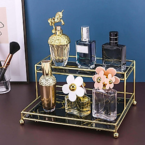 Z PLINRISE Makeup Organizer, 2-Tier Glass Vanity Tray for Perfume, Makeup and Toiletries, Wire Bathroom Cosmetic Shelf for Dresser, Countertop and More