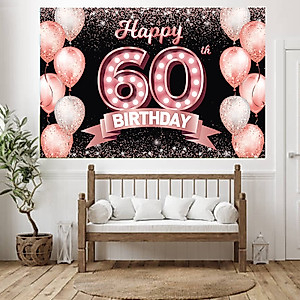 Happy 60th Birthday Rose Gold Banner Backdrop Cheers to 60 Years Old Confetti Balloons Theme Decor Decorations for Women 60 Years Old Pink Birthday Party Bday Supplies Background Favors Gift Glitter