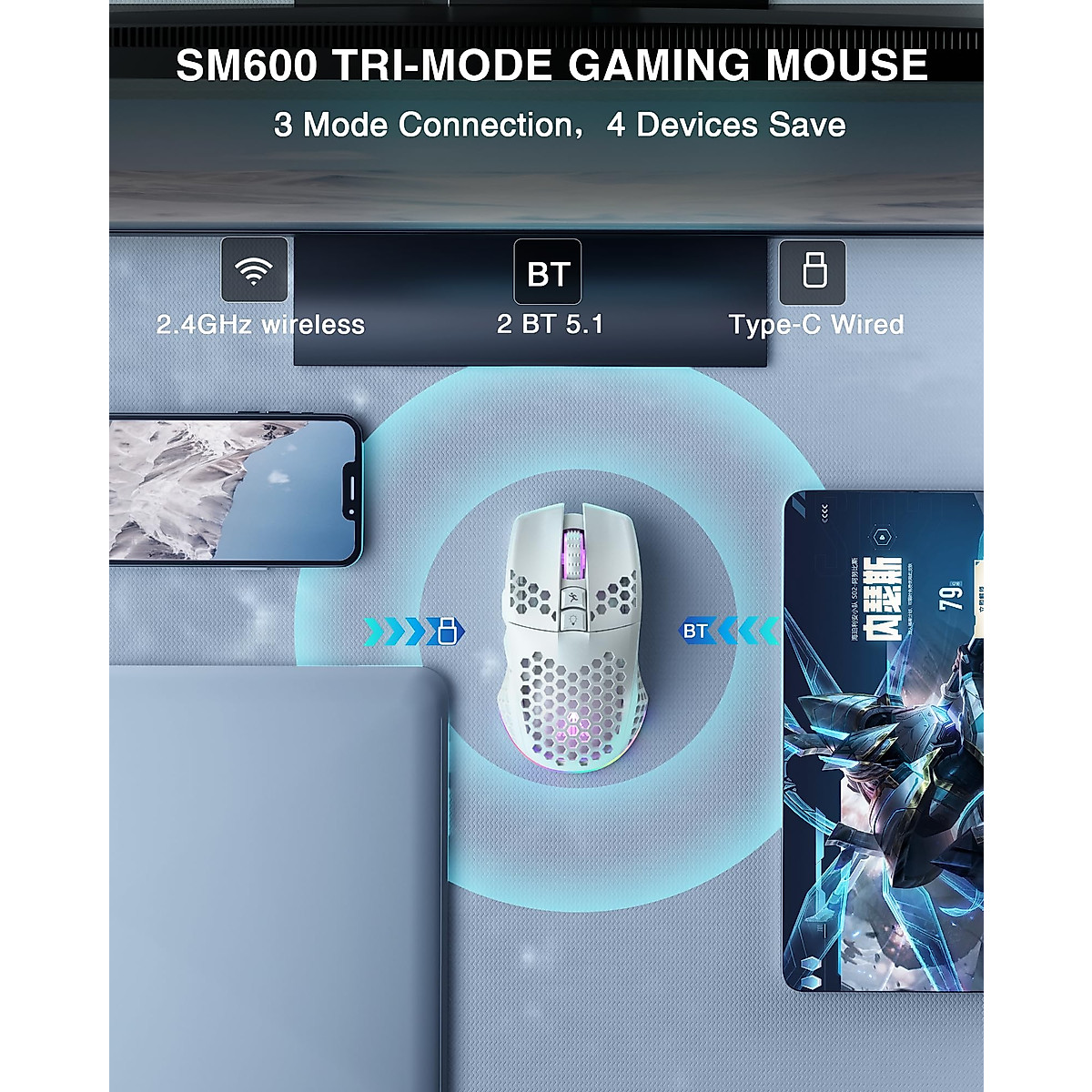 SOLAKAKA SM600 White Wireless Gaming Mouse,8000 DPI Tri-Modes BT5.1/Type-C Wired/2.4G Wireless Mouse with 2 Side Buttons, Programmable Macro Gamer Mouse with RGB Light for Laptop/PC/Mac